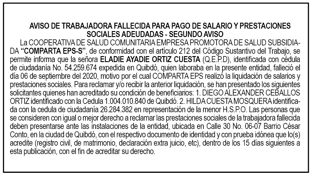 Edisto 2do. aviso Eladie Ayadie Ortiz Cuesta - Chocó7días.com