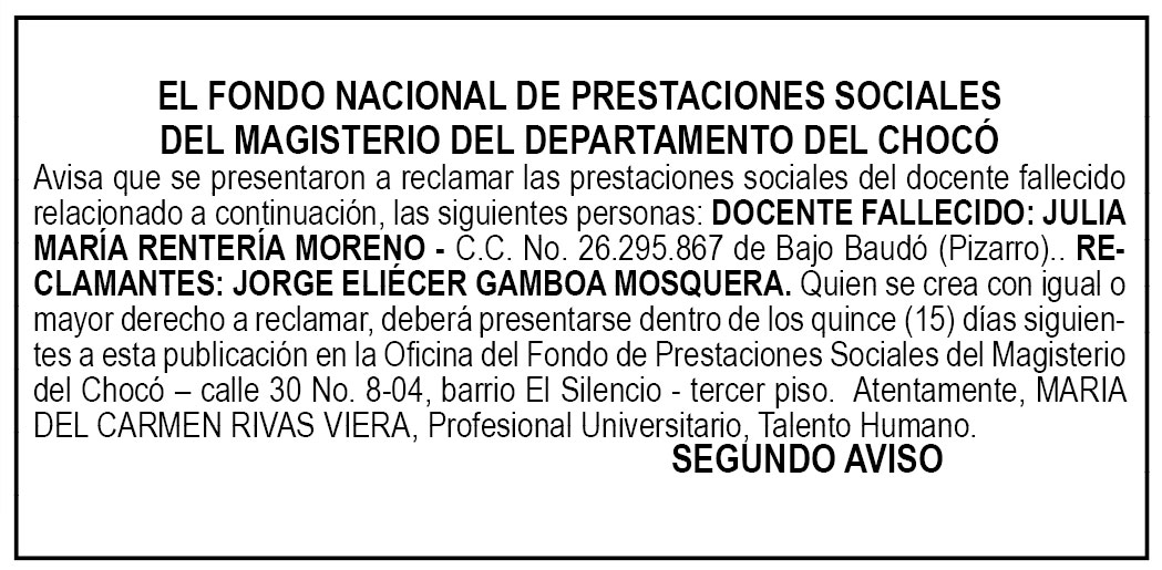Edicto 2do. aviso Julia María Rentería Moreno - Chocó7días.com