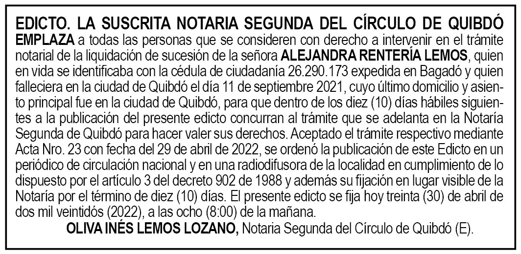 Edicto Alejandra Rentería Lemos - Chocó7días.com