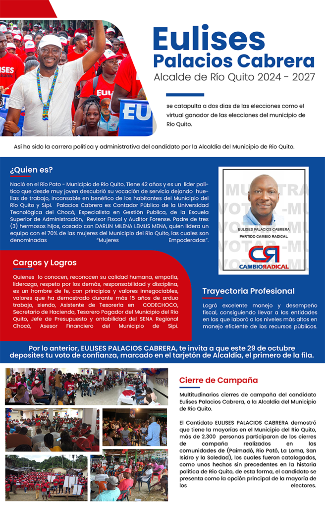 Eulises Palacios Cabrera, alcalde Río Quito 2024-2027 - Chocó7días.com