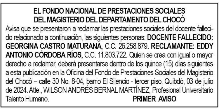 Edicto 1er. aviso Georgina Castro Maturana - Chocó7días.com