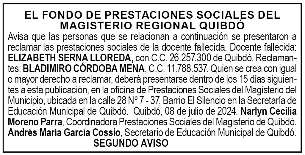 Edicto 2do. aviso Elizabeth Serna Lloreda - Chocó7días.com