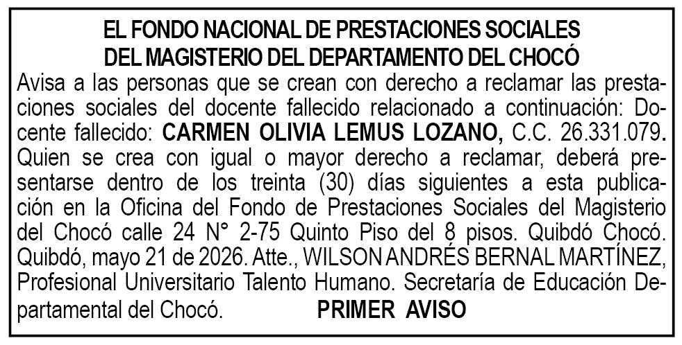 Edicto 1er. aviso Carmen Olivia Lemus Lozano - Chocó7días.com