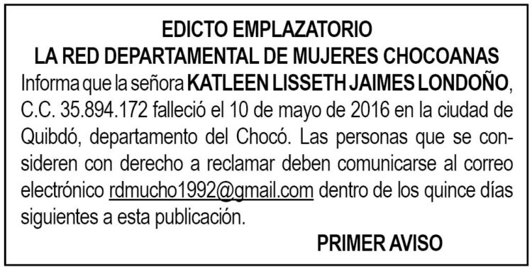 Edicto 1er. aviso Katleen Lisseth Jaimes Londoño - Chocó7días.com