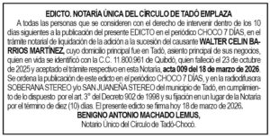 Edicto Walter Celin Barrios Martínez - Chocó7días.com